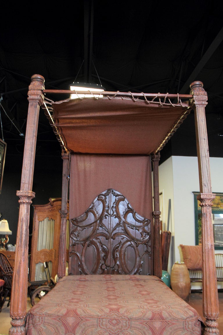Anglo-Indian Style Tall Bed with Carved and Fluted Posts, Carved Panel ...