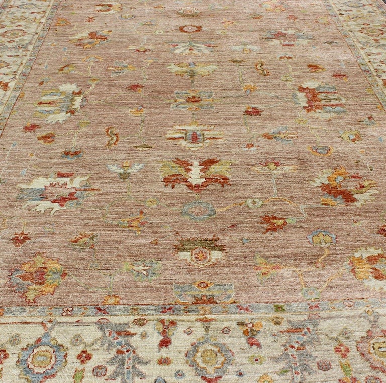 Angora Turkish Oushak Rug in Dusty Pink and Ivory For Sale at 1stDibs