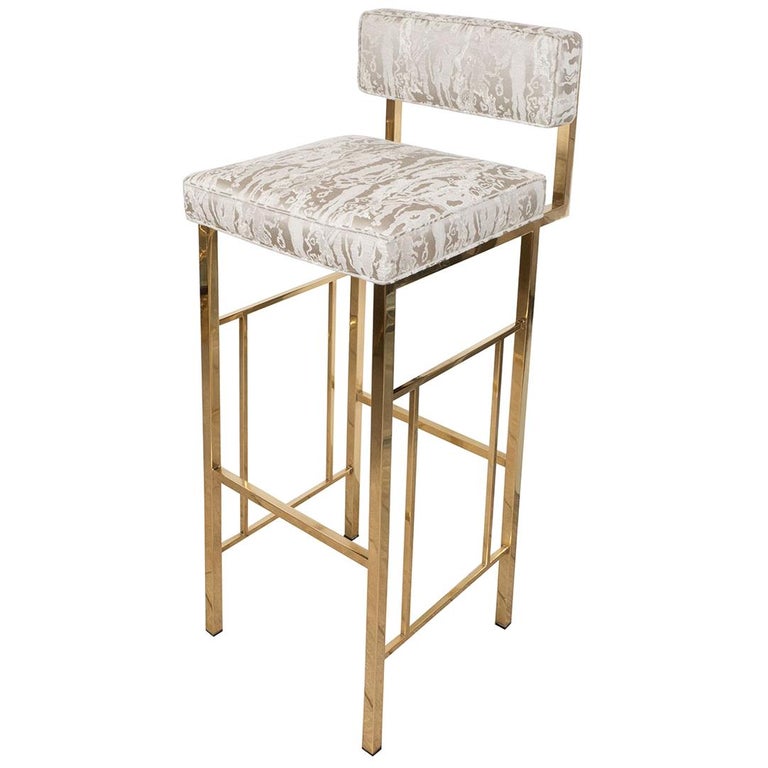 Angular Brass Bar Stool with Upholstered Seat and Back For Sale at 1stDibs