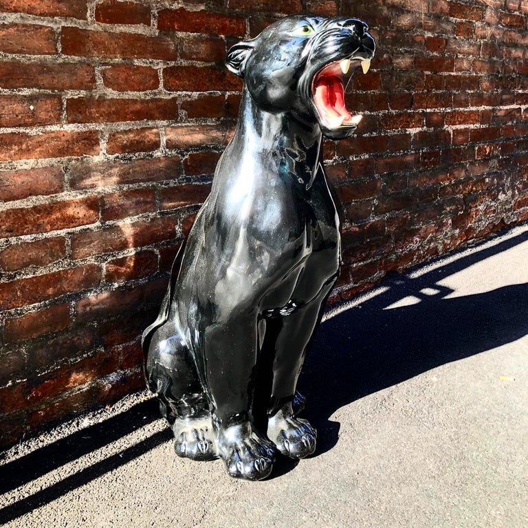 Animalier Roaring Black Shiny Ceramic Panther Sculpture from Italy from ...