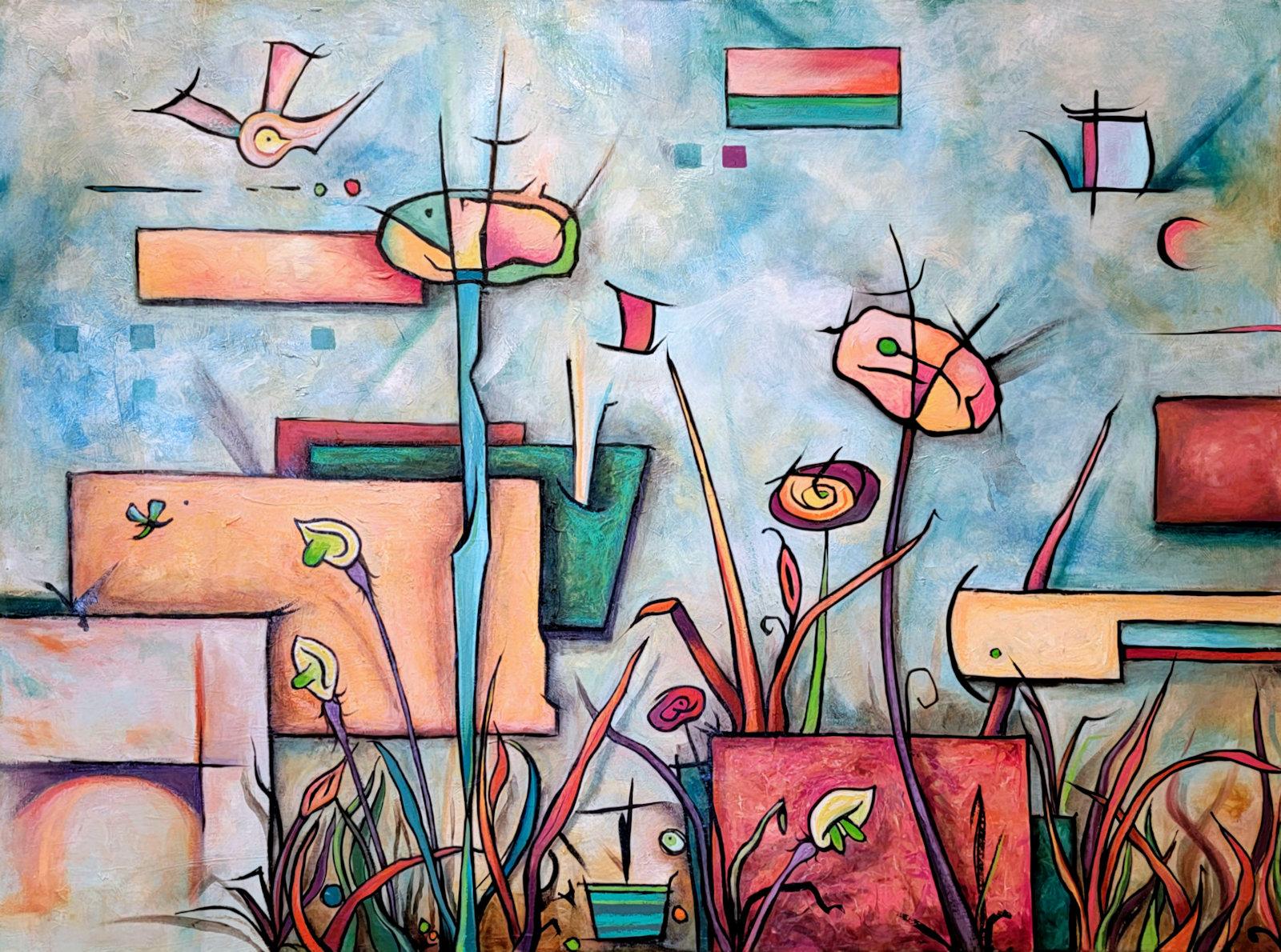 Anita Loomis - "Mango", abstract, plants, animals, blue, pink, red ...