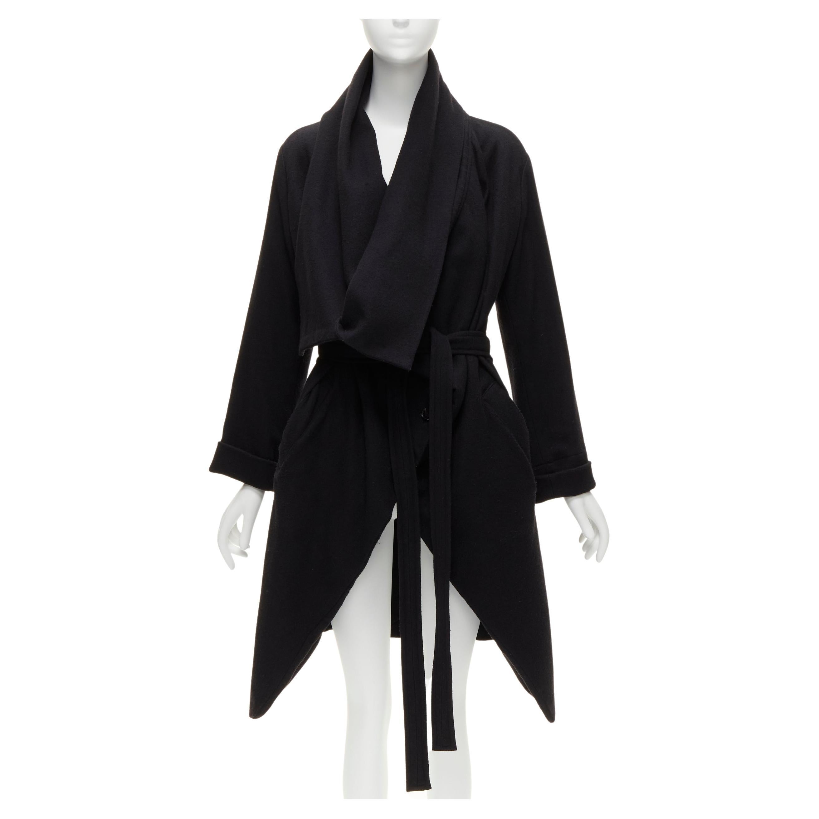ANN DEMEULEMEESTER black draped collar belted robe cutaway coat FR36 S ...