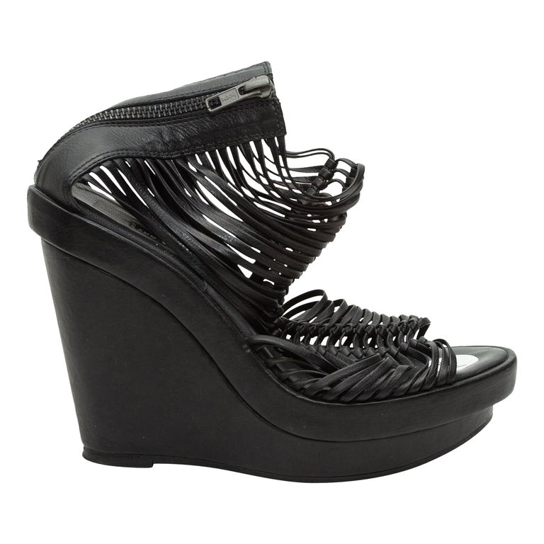 Ann Demeulemeester Black Leather Cage Wedges at 1stDibs