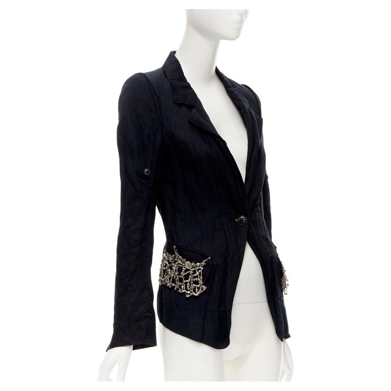 ANN DEMEULEMEESTER black silver safety pin metal mesh pocket blazer ...
