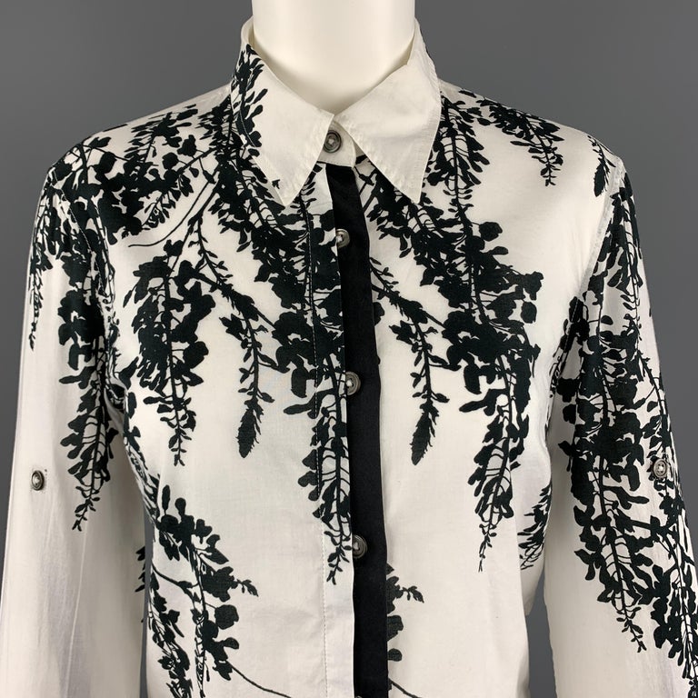 ANN DEMEULEMEESTER Size 2 Black and White Floral Print Cotton Blouse at ...