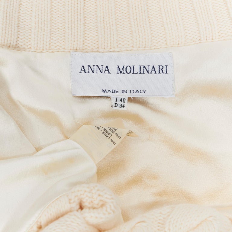 ANNA MOLINARI wool angora cream cable knit crystal fur cuff cardigan ...