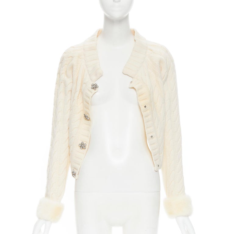 ANNA MOLINARI wool angora cream cable knit crystal fur cuff cardigan ...