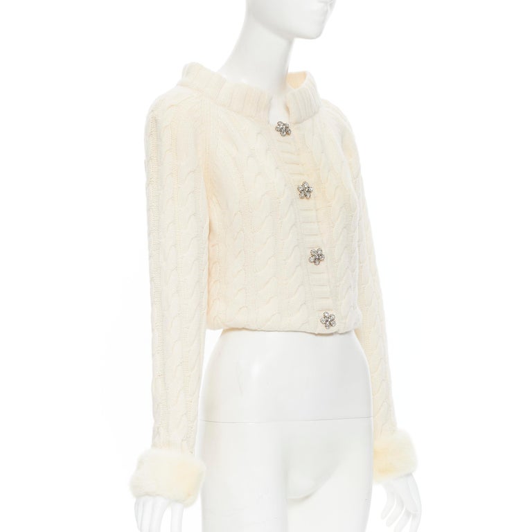 ANNA MOLINARI wool angora cream cable knit crystal fur cuff cardigan ...