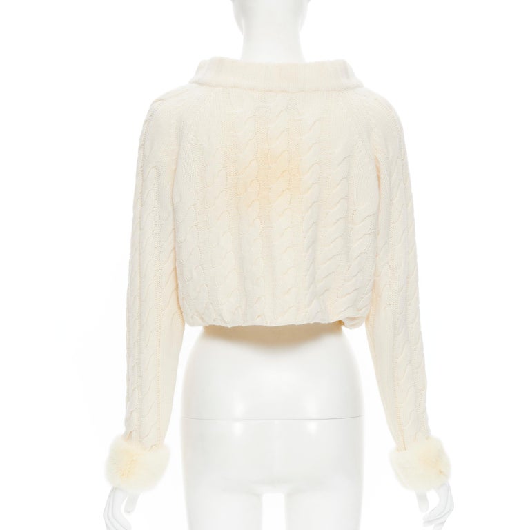 ANNA MOLINARI wool angora cream cable knit crystal fur cuff cardigan ...