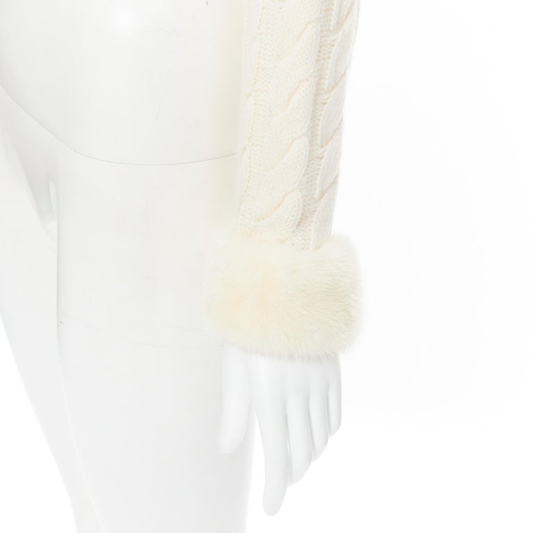 ANNA MOLINARI wool angora cream cable knit crystal fur cuff cardigan ...
