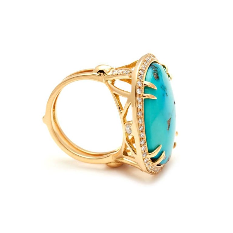 Anna Sheffield 18 Karat Yellow Gold Turquoise and White Diamond Luna Heritage Ring For Sale at ...