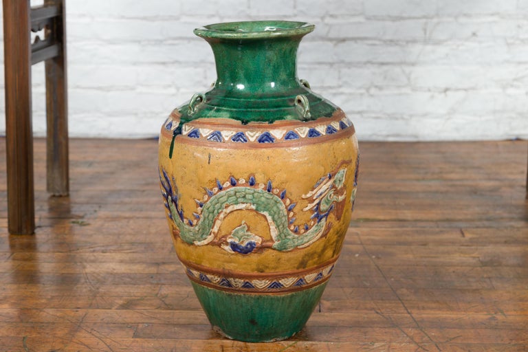 Annamese 19th Century Green Glazed Water Jar with Raised Dragon Motifs ...