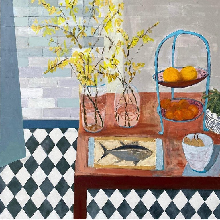 Anne Harney - "Forsythias" Kitchen scene with checkered floors, fish on ...
