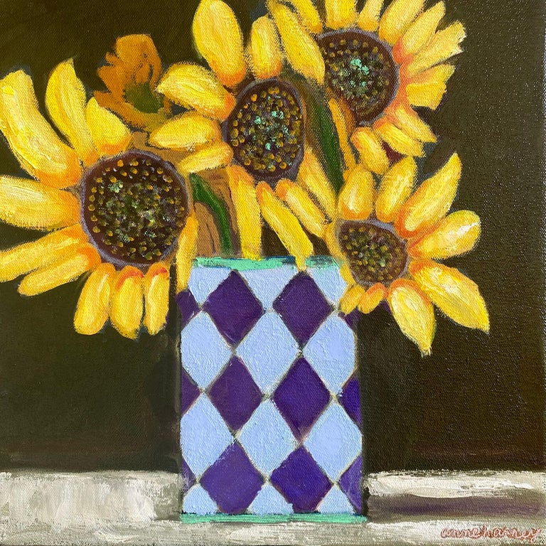 Anne Harney - Sunflowers in Checkered Vase by Anne Harney, Contemporary ...