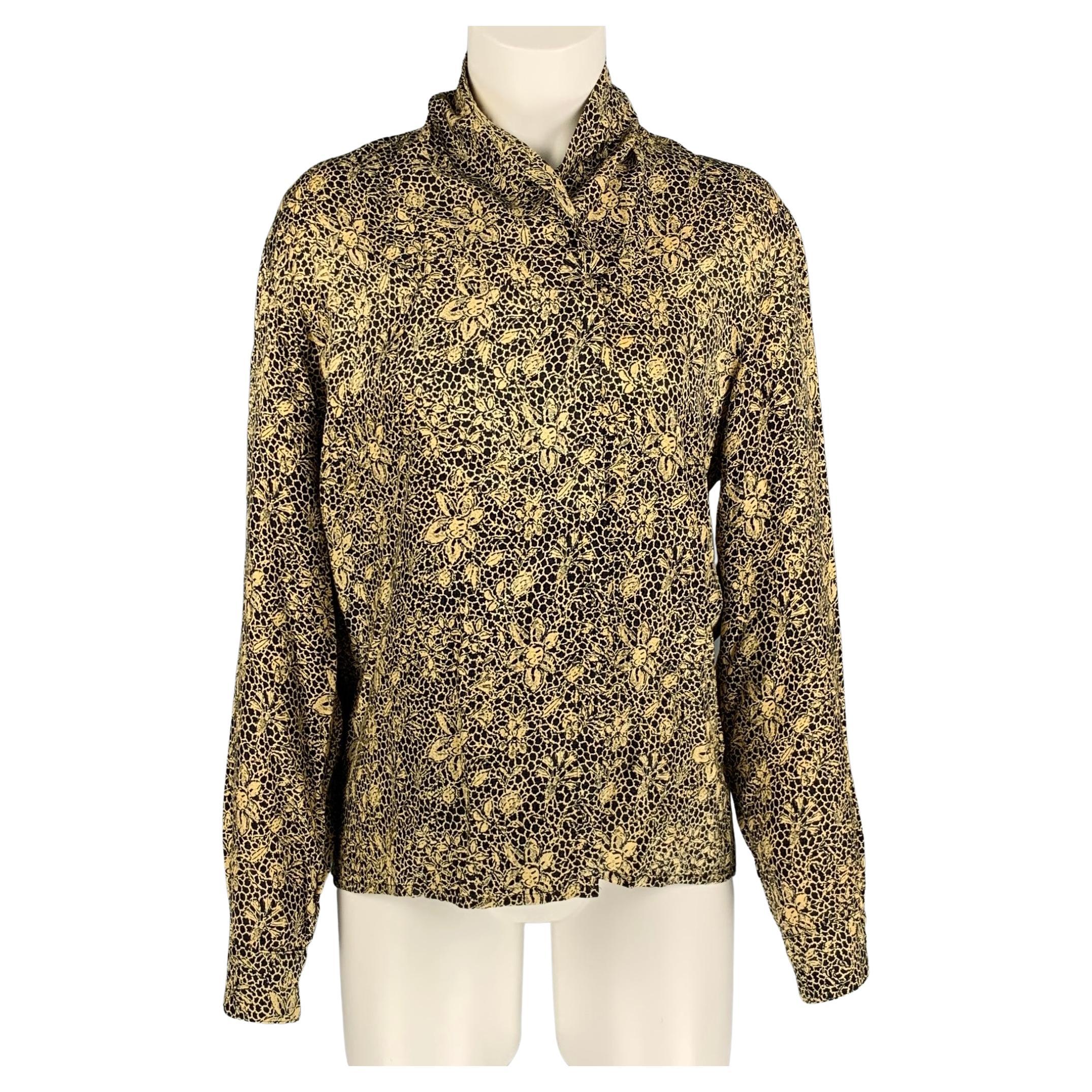 ANNE KLEIN Size 6 Black Silk Abstract floral Long Sleeve Blouse For ...