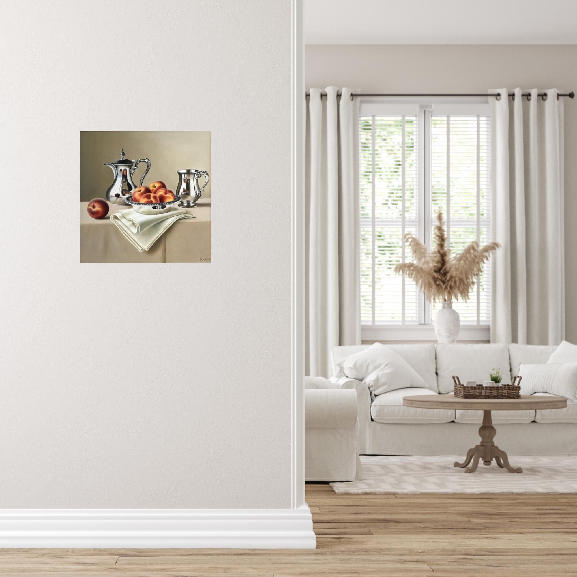 Anne Songhurst - Silver Bowl With Peaches - modern realism oil painting ...