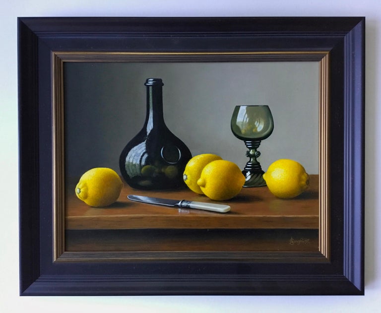 Anne Songhurst - Wine Bottle with Lemons - contemporary realism still ...