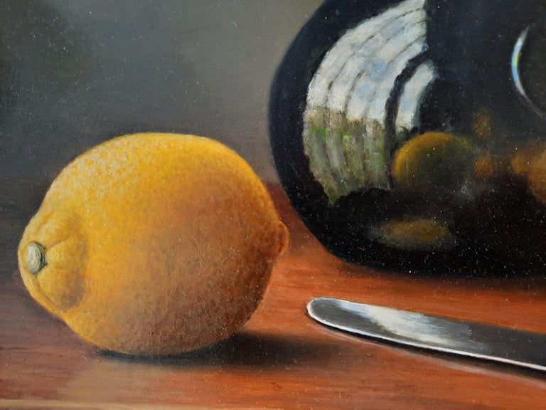 Anne Songhurst - Wine Bottle with Lemons - contemporary realism still ...