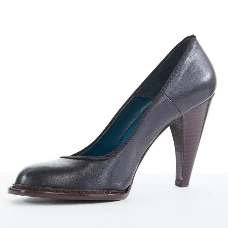 ANNE VALERIE HASH black leather round toe stacked chunky heel shoes ...