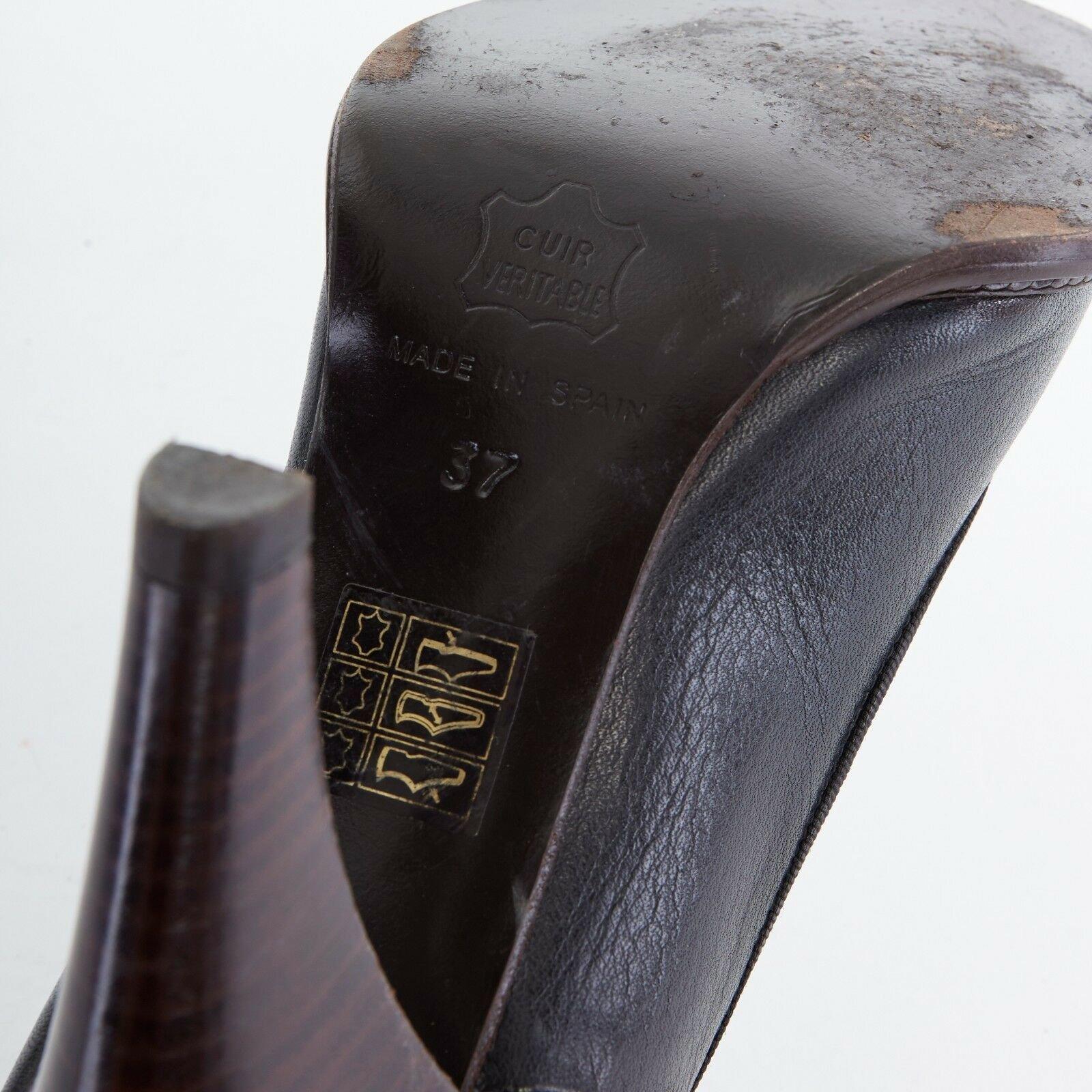 ANNE VALERIE HASH black leather round toe stacked chunky heel shoes ...