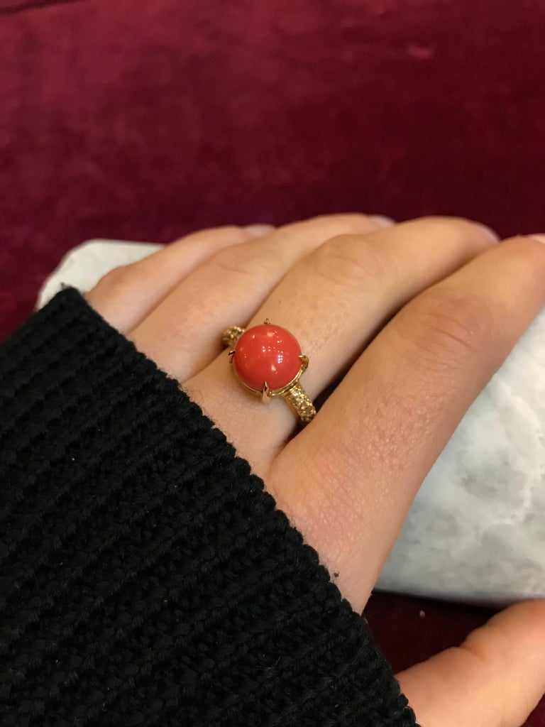 Annellino Italian Cabochon Coral and Champagne Diamond Yellow Gold ...