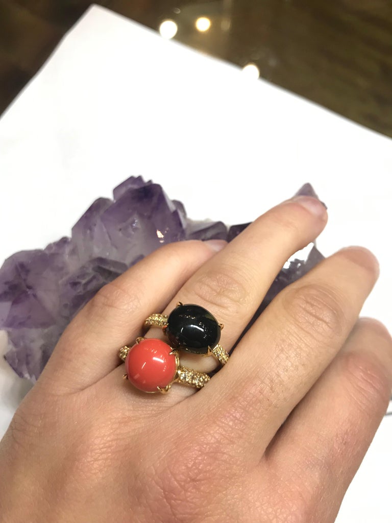 Annellino Italian Cabochon Coral and Champagne Diamond Yellow Gold ...