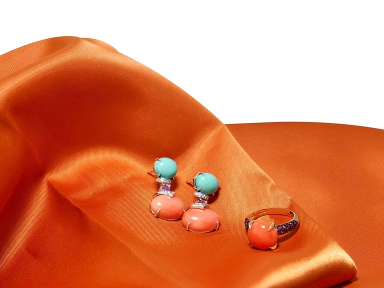 Annellino Italian Cabochon Coral and Champagne Diamond Yellow Gold ...