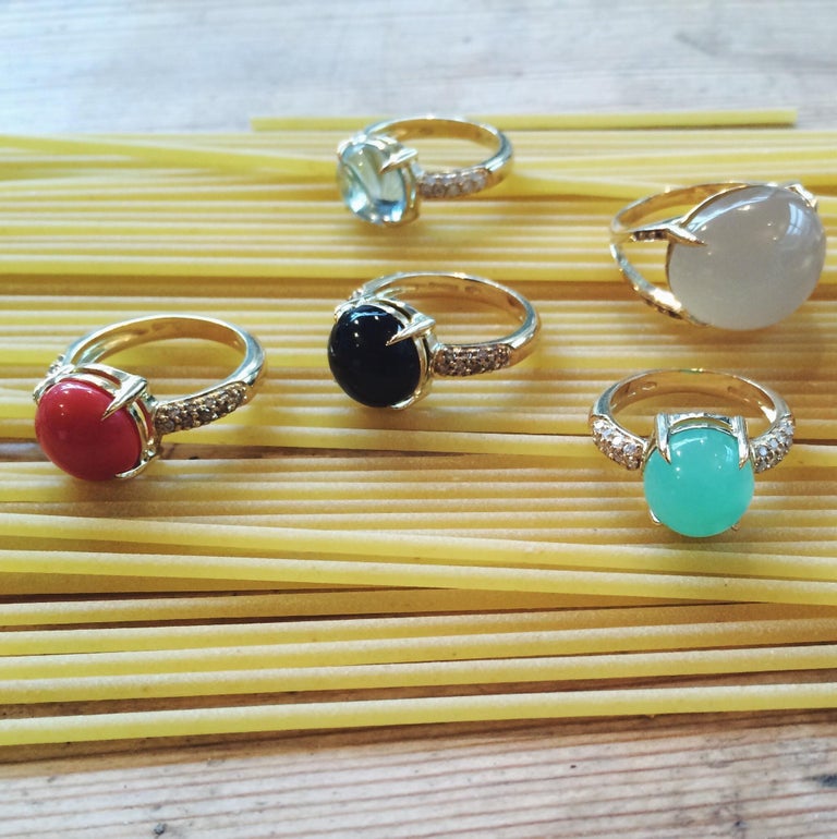 Annellino Italian Cabochon Coral and Champagne Diamond Yellow Gold ...