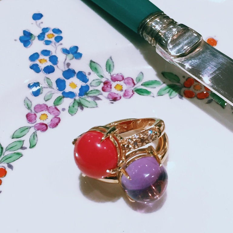 Annellino Italian Cabochon Coral and Champagne Diamond Yellow Gold ...