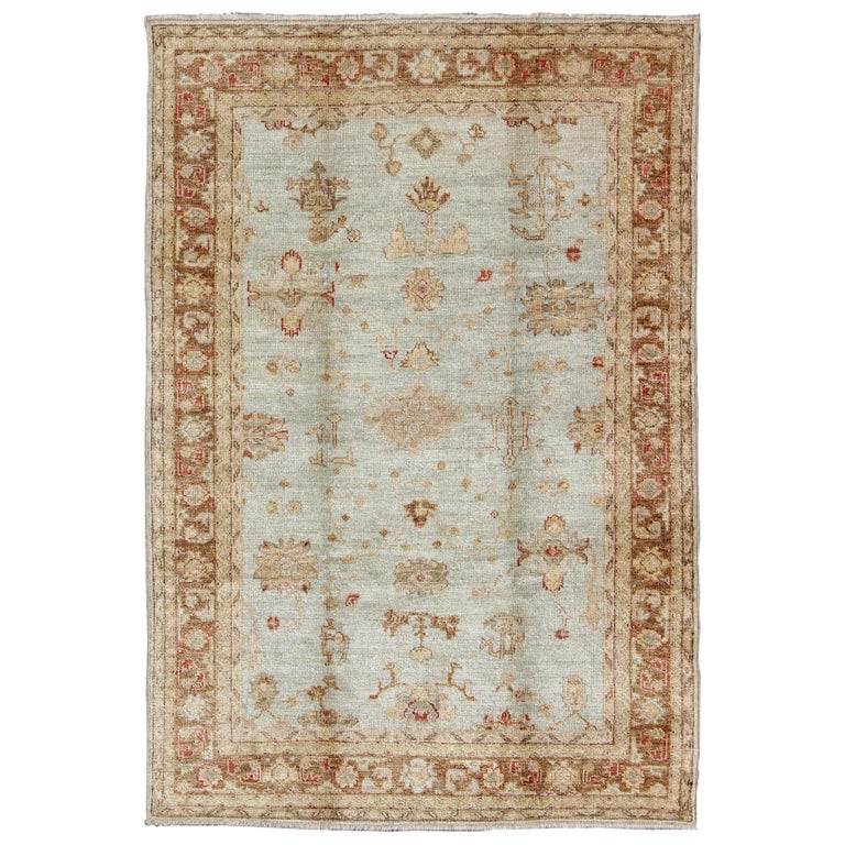 Anogra Turkish Oushak Rug in Light Blue and Red For Sale at 1stDibs