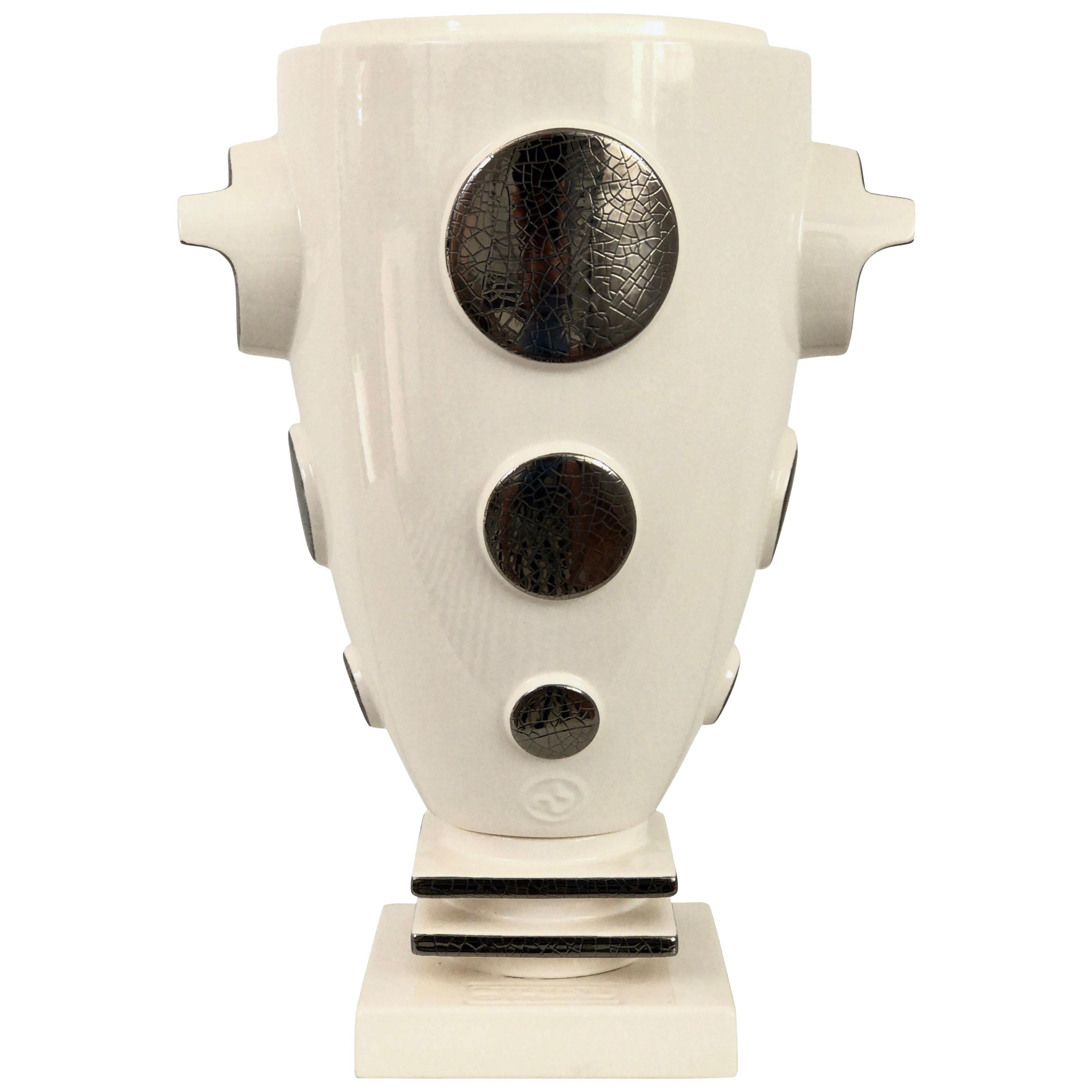 Anse White Glazed Ceramic Cup Vase from Emaux de Longwy For Sale at 1stDibs