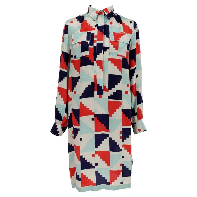 Antik Batik Silk Blue Red Vintage Shirt Dress at 1stDibs
