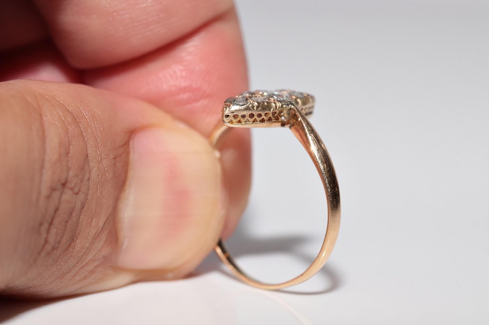 Antiqıe Circa 1900s 14k Gold Natural Rose Cut Diamond Decorated Navette Ring For Sale at 1stDibs
