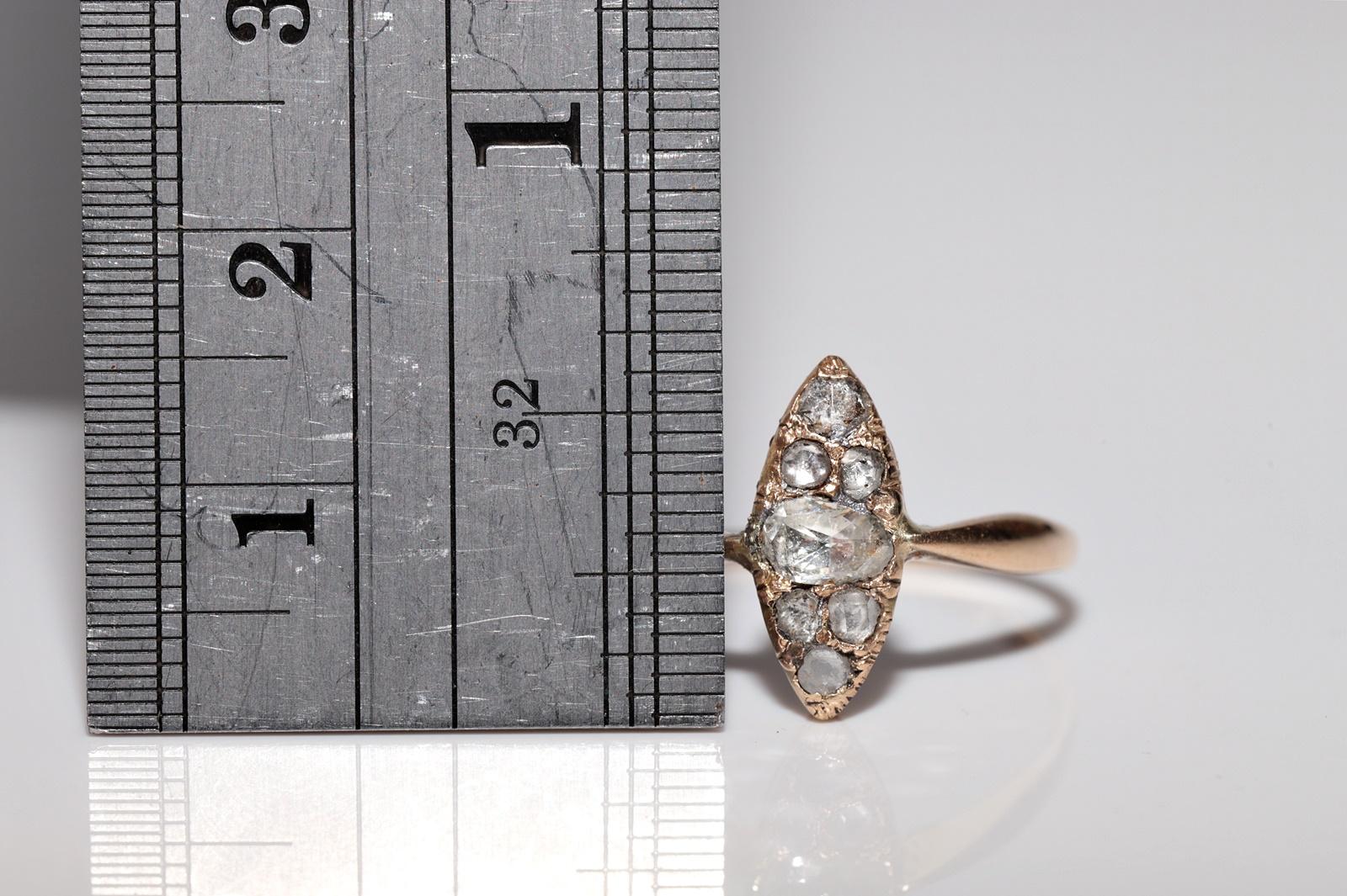 Antiqıe Circa 1900s 14k Gold Natural Rose Cut Diamond Decorated Navette Ring For Sale at 1stDibs