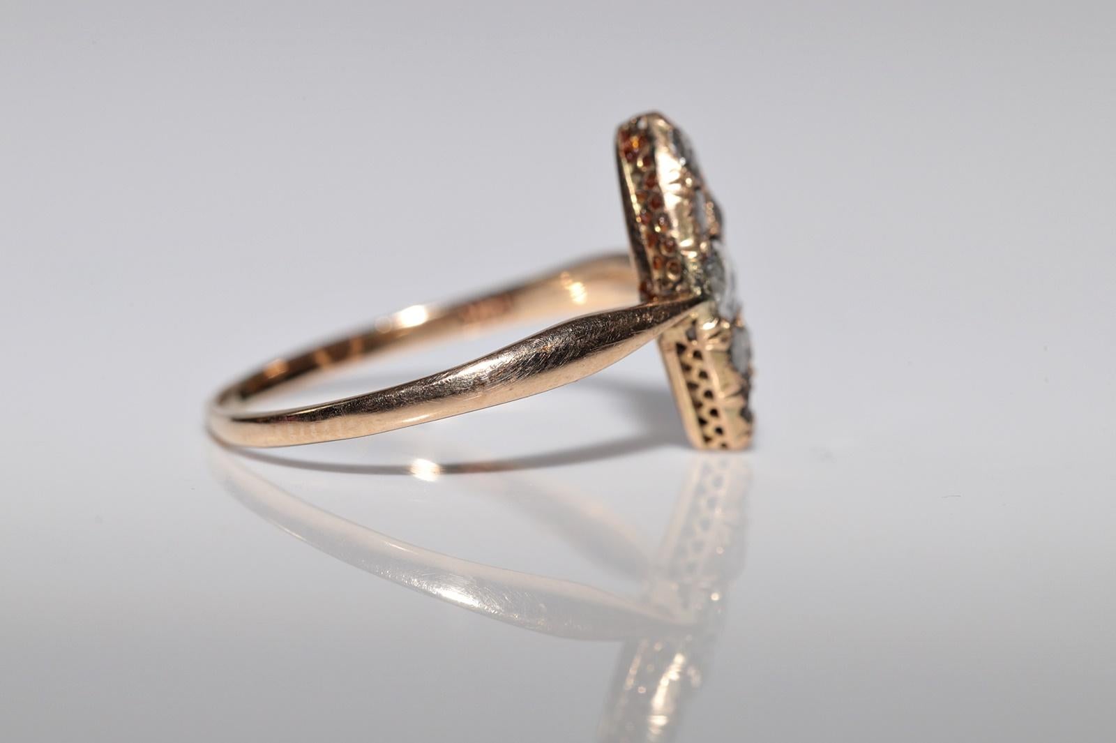 Antiqıe Circa 1900s 14k Gold Natural Rose Cut Diamond Decorated Navette Ring For Sale at 1stDibs