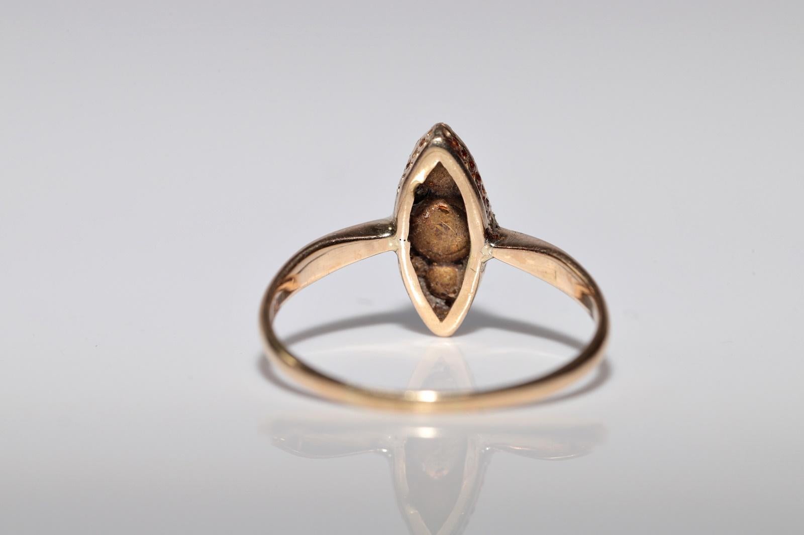 Antiqıe Circa 1900s 14k Gold Natural Rose Cut Diamond Decorated Navette Ring For Sale at 1stDibs