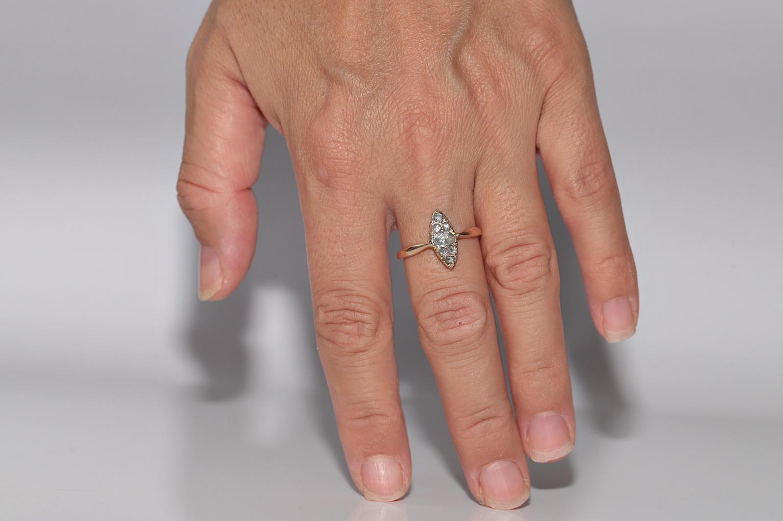 Antiqıe Circa 1900s 14k Gold Natural Rose Cut Diamond Decorated Navette Ring For Sale at 1stDibs
