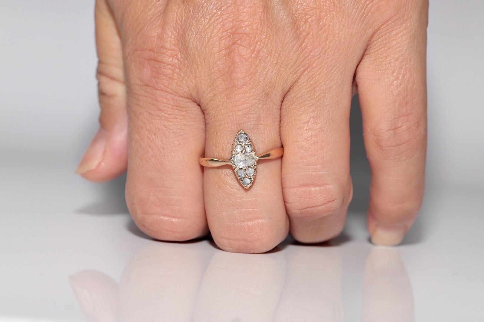 Antiqıe Circa 1900s 14k Gold Natural Rose Cut Diamond Decorated Navette Ring For Sale at 1stDibs