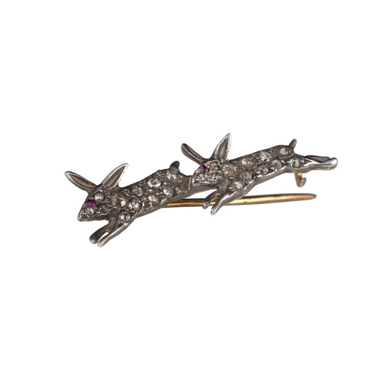 Antique 0.55ct Rose Cut Diamond and Ruby Running Hares Brooch 18 Karat ...