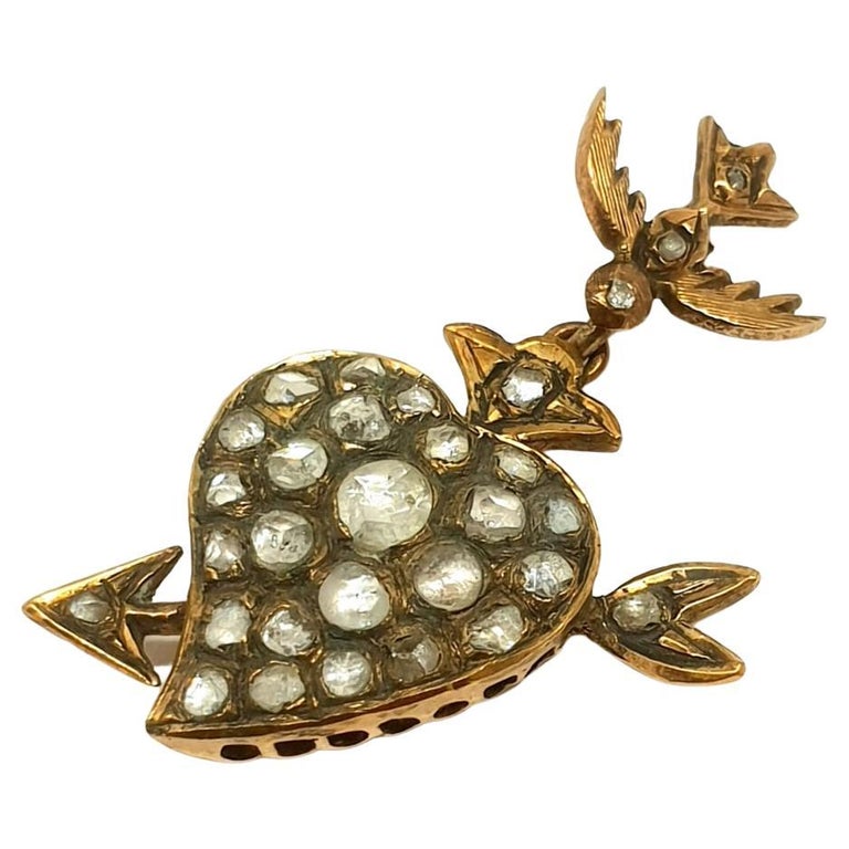 Antique 10k Gold Rose Cut Diamond Heart and Arrow Pendant For Sale at ...