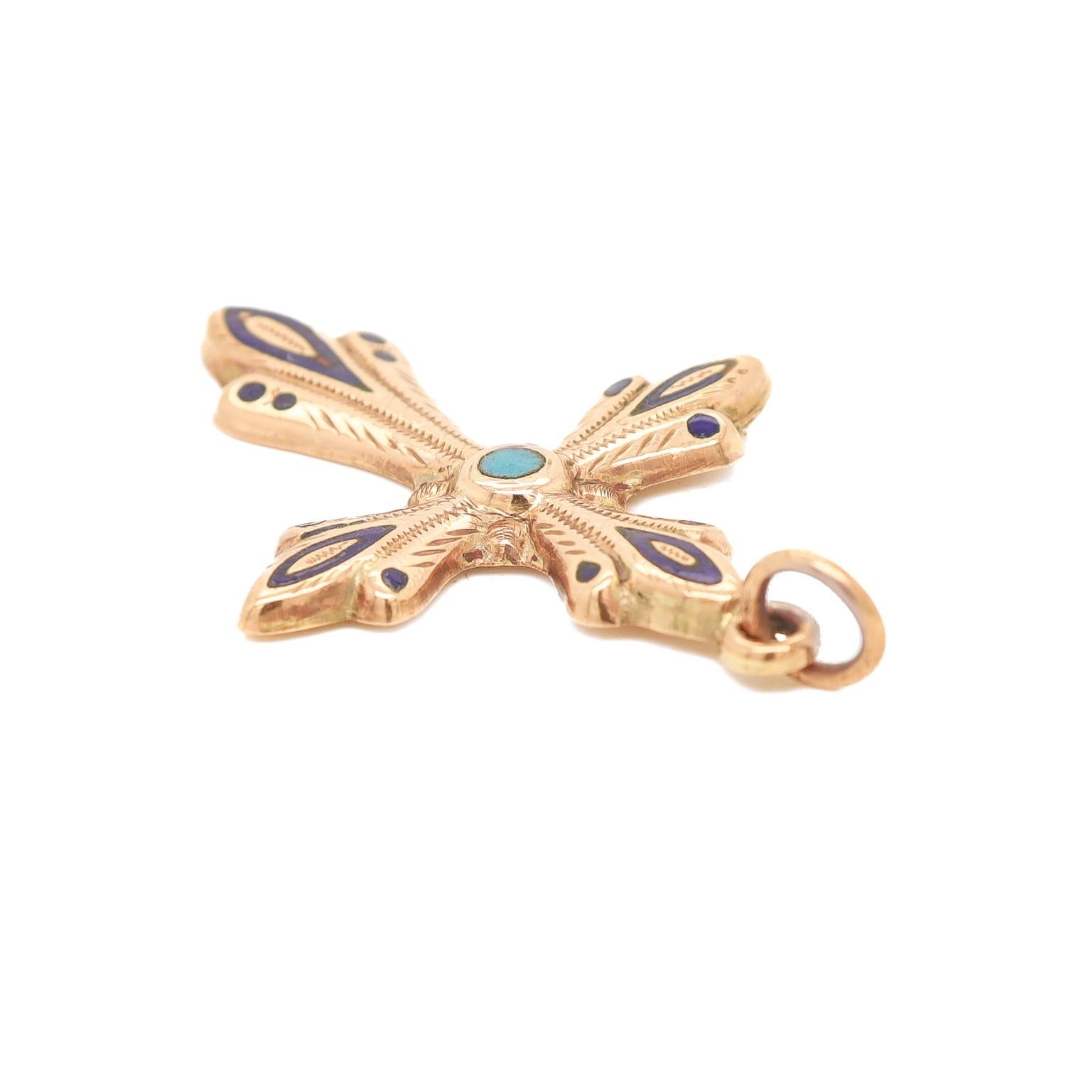 Antique 10K Rose Gold and Blue Enamel Cross Pendant For Sale at 1stDibs
