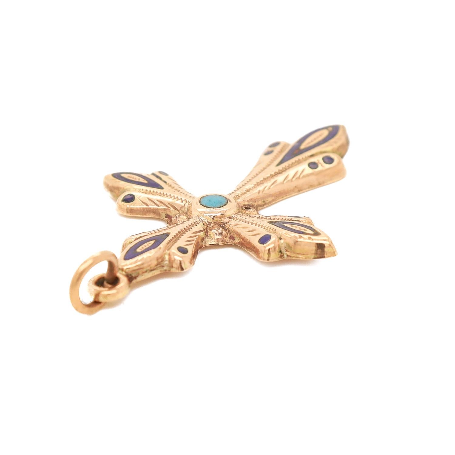 Antique 10K Rose Gold and Blue Enamel Cross Pendant For Sale at 1stDibs