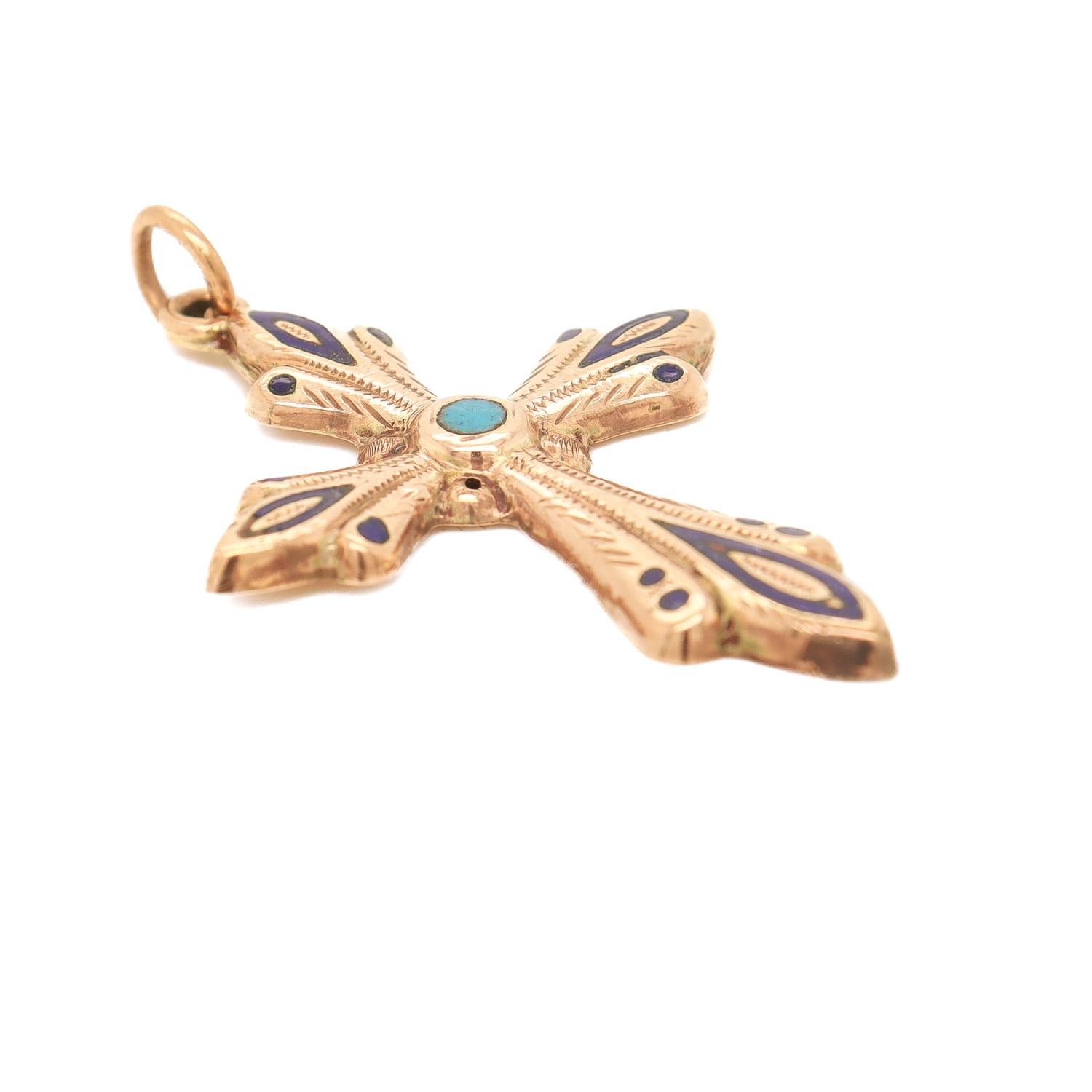 Antique 10K Rose Gold and Blue Enamel Cross Pendant For Sale at 1stDibs