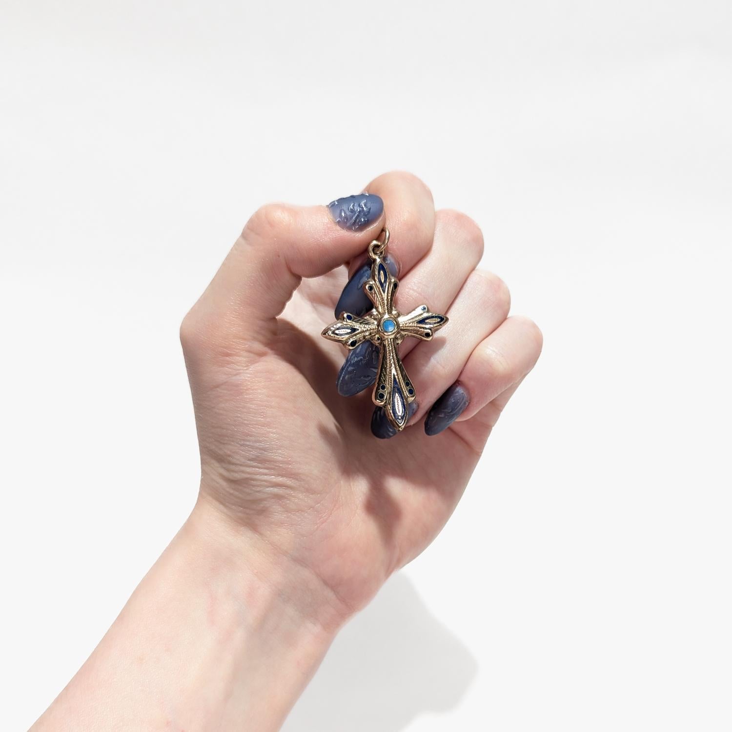 Antique 10K Rose Gold and Blue Enamel Cross Pendant For Sale at 1stDibs