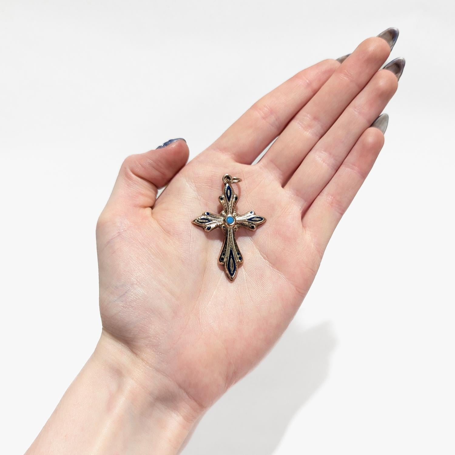 Antique 10K Rose Gold and Blue Enamel Cross Pendant For Sale at 1stDibs