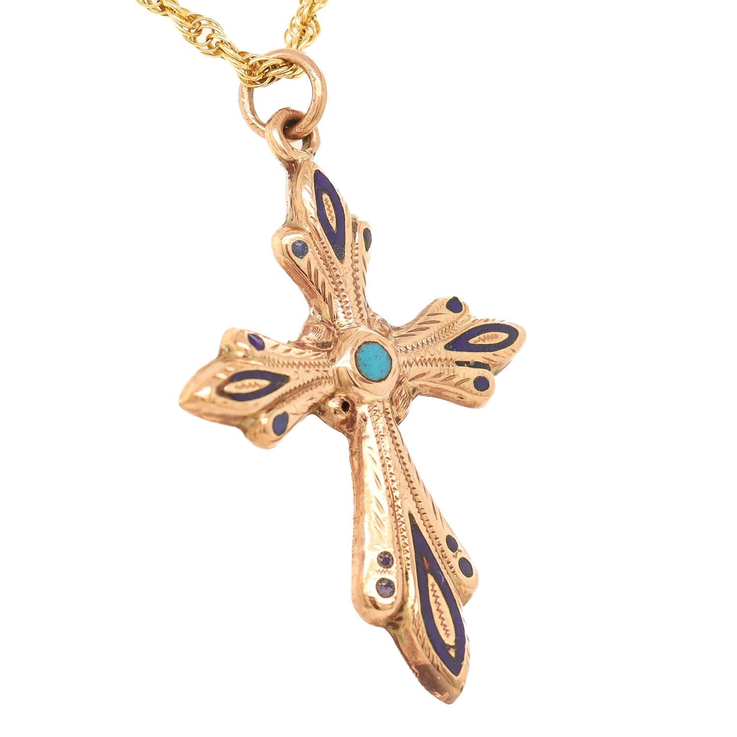 Antique 10K Rose Gold and Blue Enamel Cross Pendant For Sale at 1stDibs