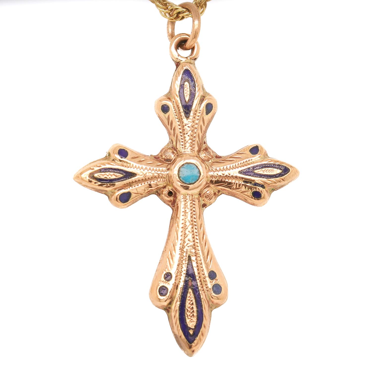 Antique 10K Rose Gold and Blue Enamel Cross Pendant For Sale at 1stDibs