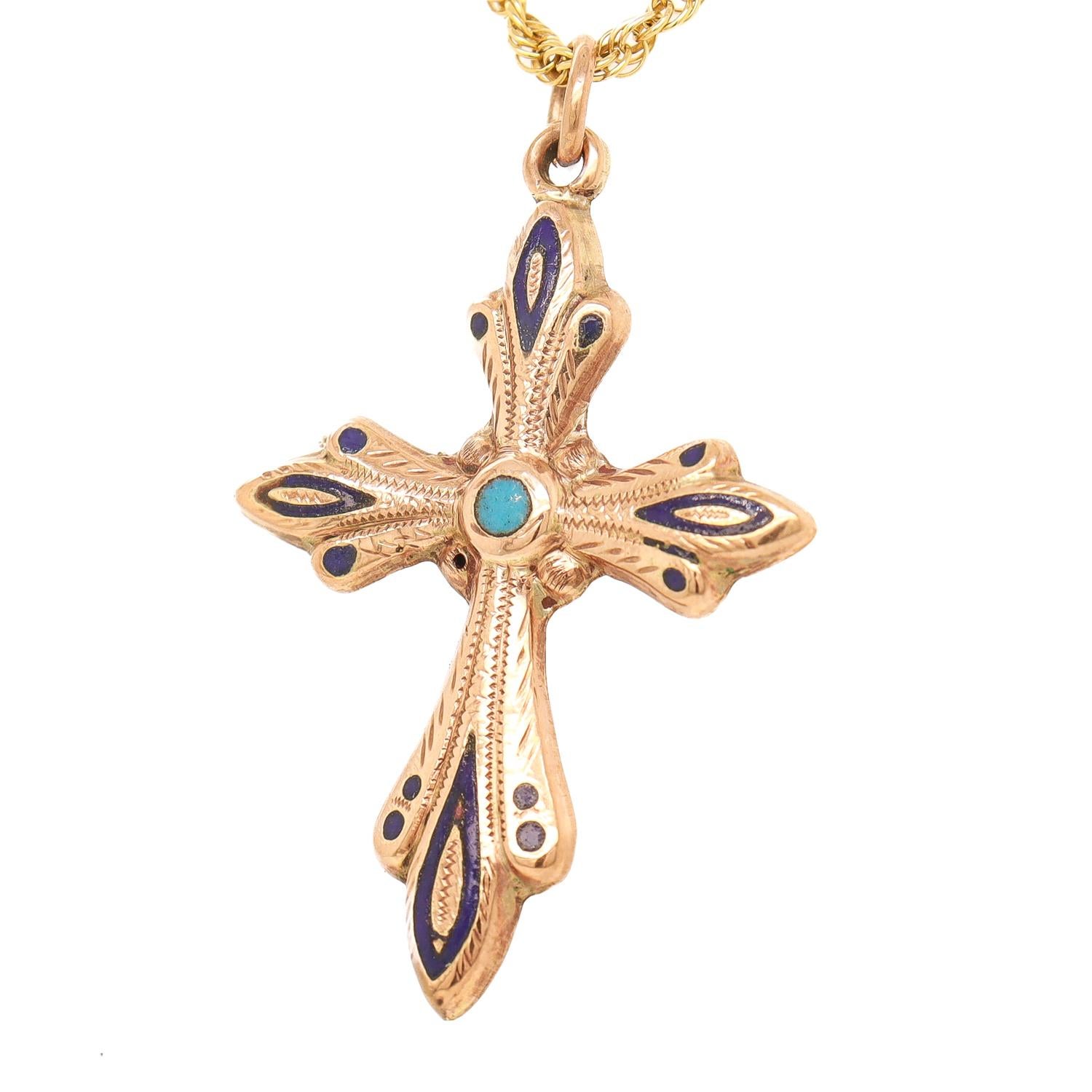 Antique 10K Rose Gold and Blue Enamel Cross Pendant For Sale at 1stDibs