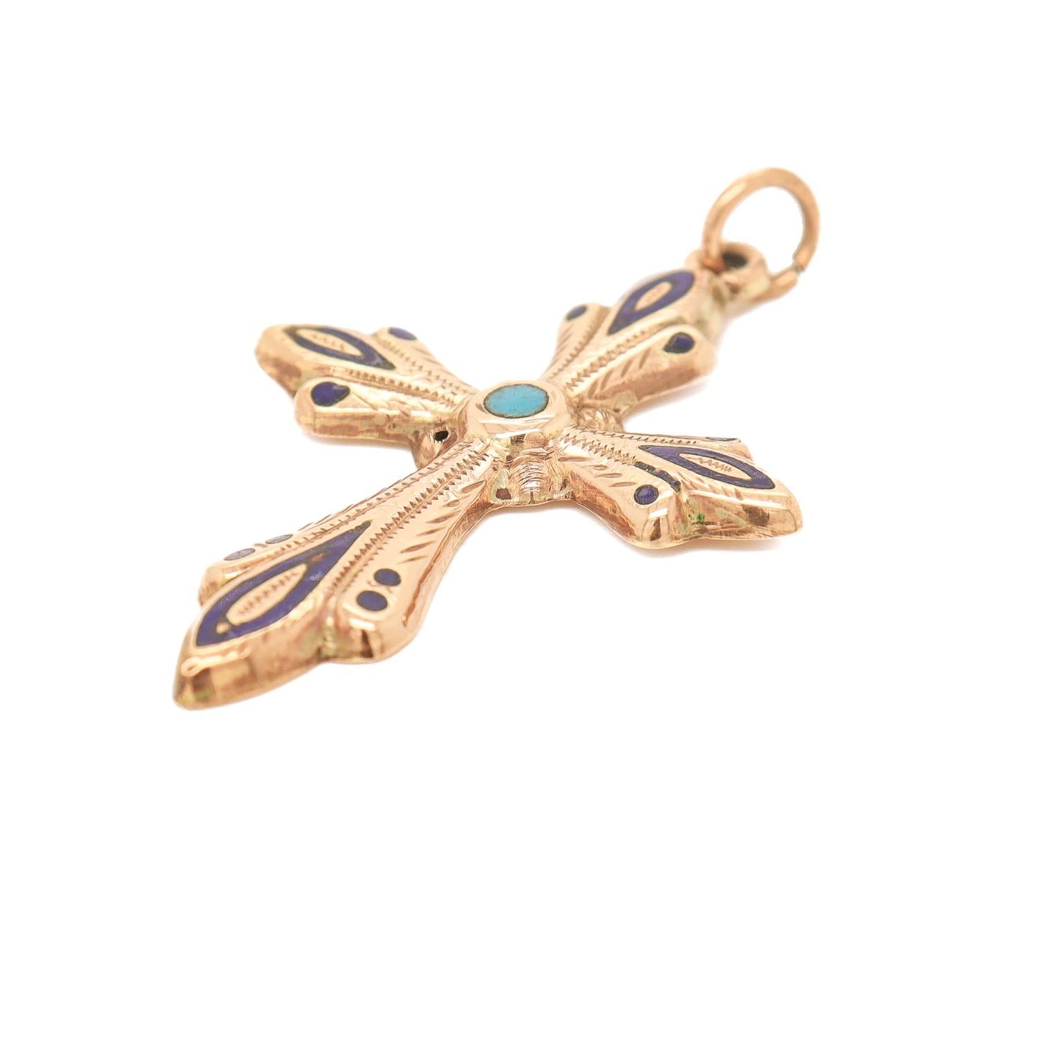 Antique 10K Rose Gold and Blue Enamel Cross Pendant For Sale at 1stDibs