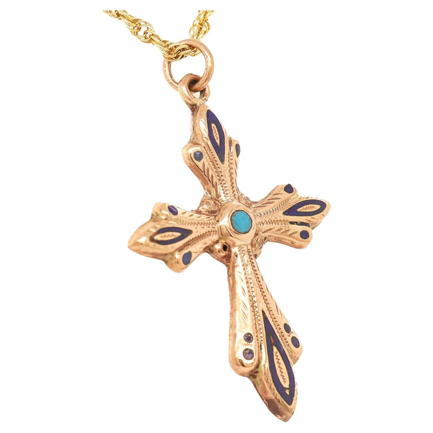 Antique 10K Rose Gold and Blue Enamel Cross Pendant For Sale at 1stDibs